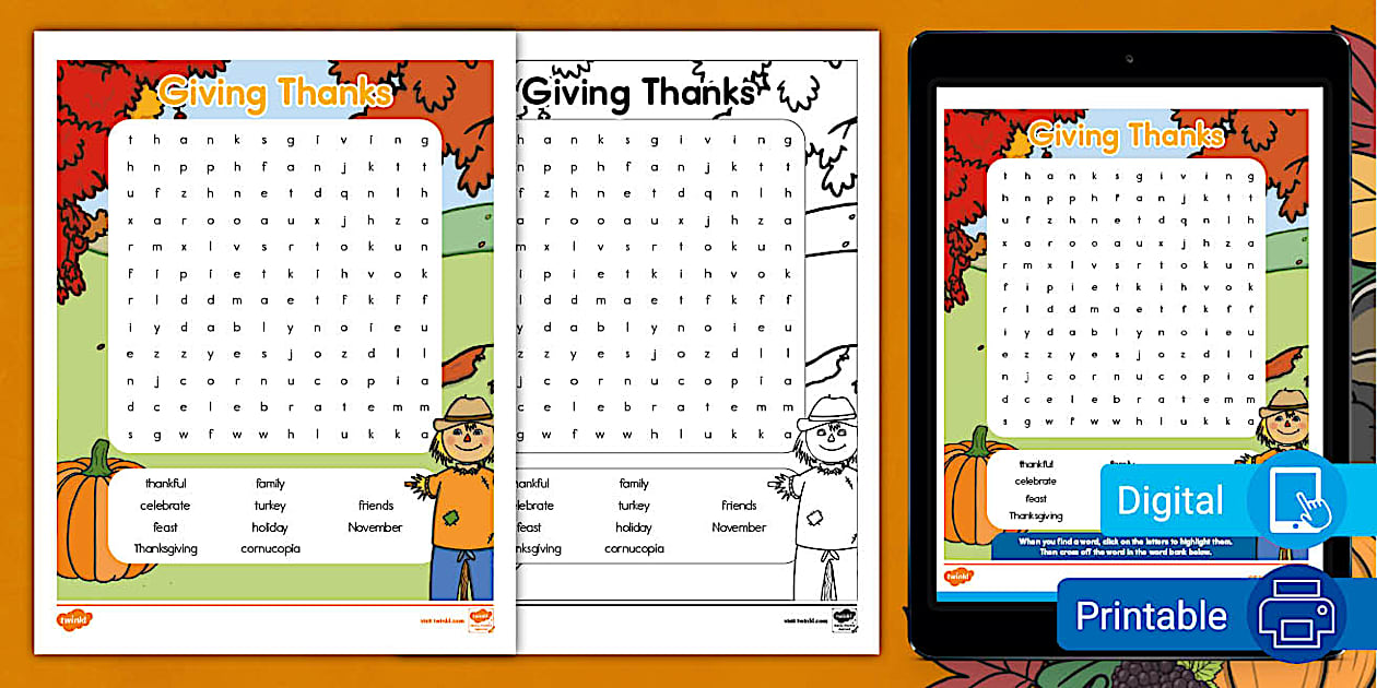 Giving Thanks Word Search for K-2nd Grade | Twinkl - Twinkl