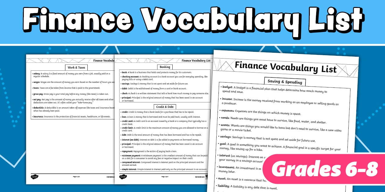 Finance Vocabulary List for 6th -8th Grade