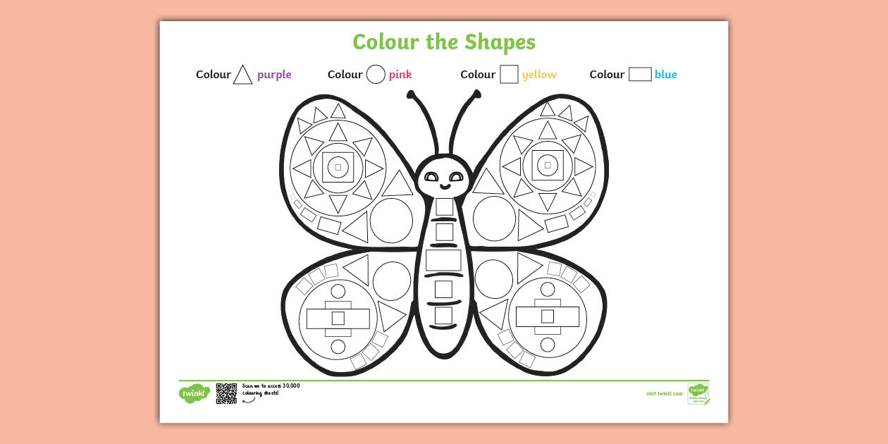 Colour the Shapes Butterfly Worksheet (teacher made)