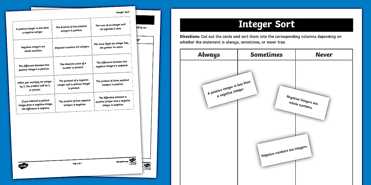 Seventh Grade Integer Sort Worksheet (teacher made) - Twinkl