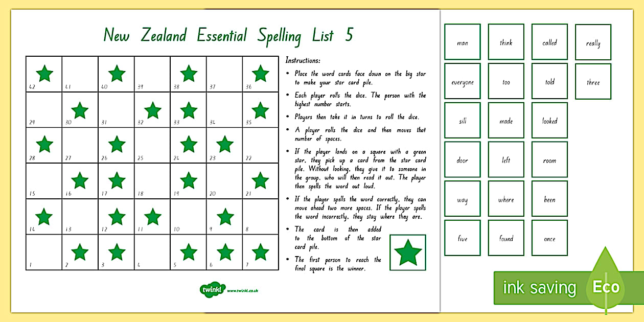 New Zealand Essential Spelling List 5 Board Game - Twinkl