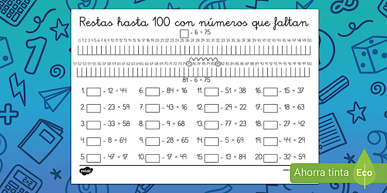 Ficha de actividad: Restas hasta 100 con números que faltan