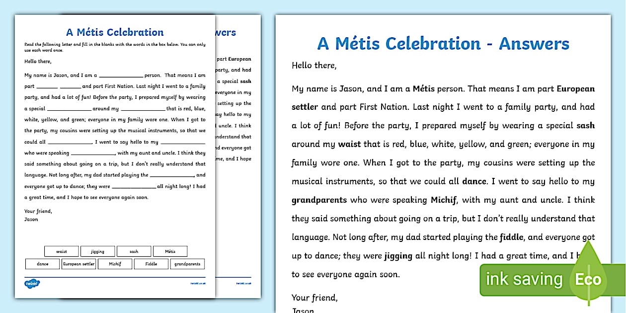 Métis Cloze Activity (teacher made) - Twinkl