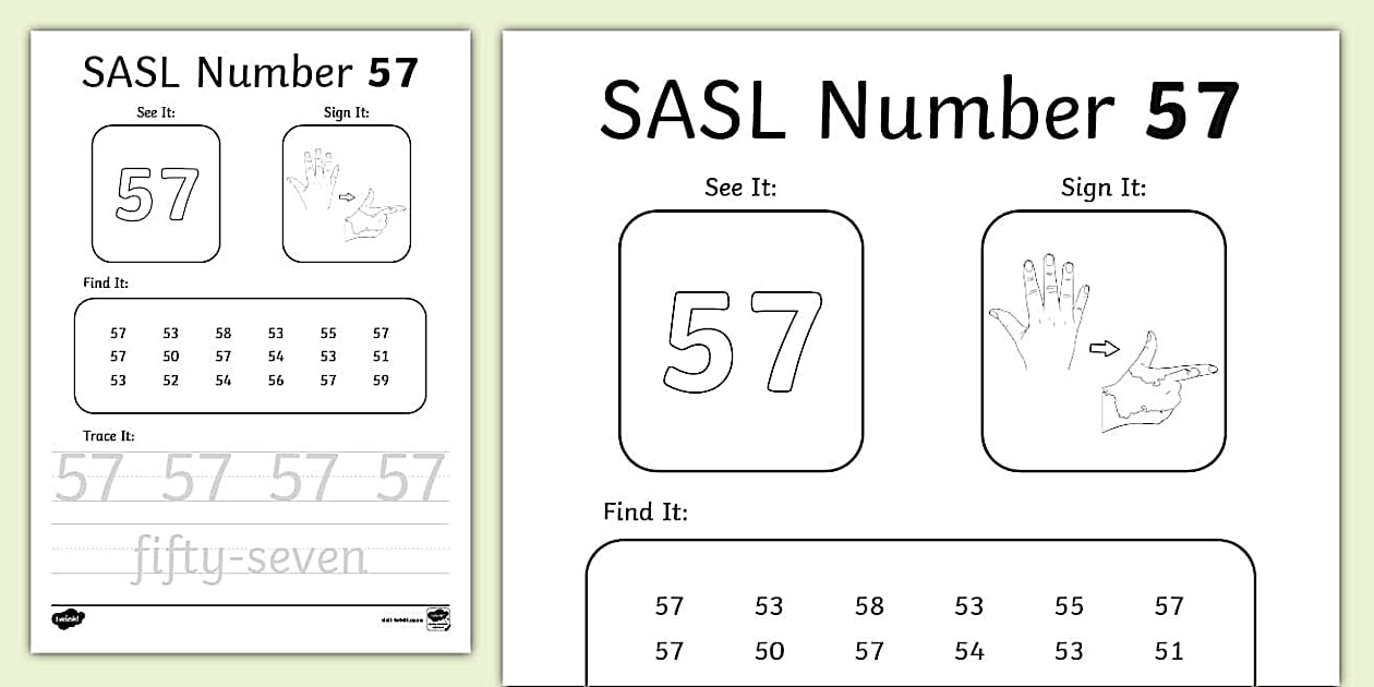 SASL Number 57 Activity Worksheet (teacher made) - Twinkl