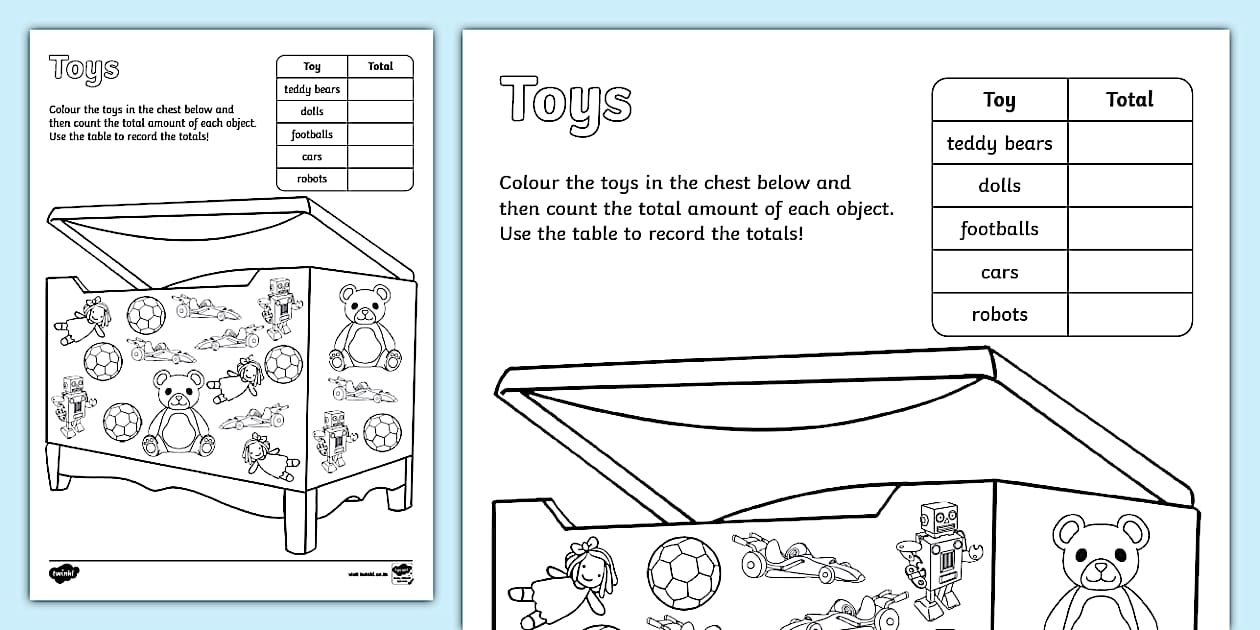 Toys Colour and Count Worksheet (Teacher-Made) - Twinkl