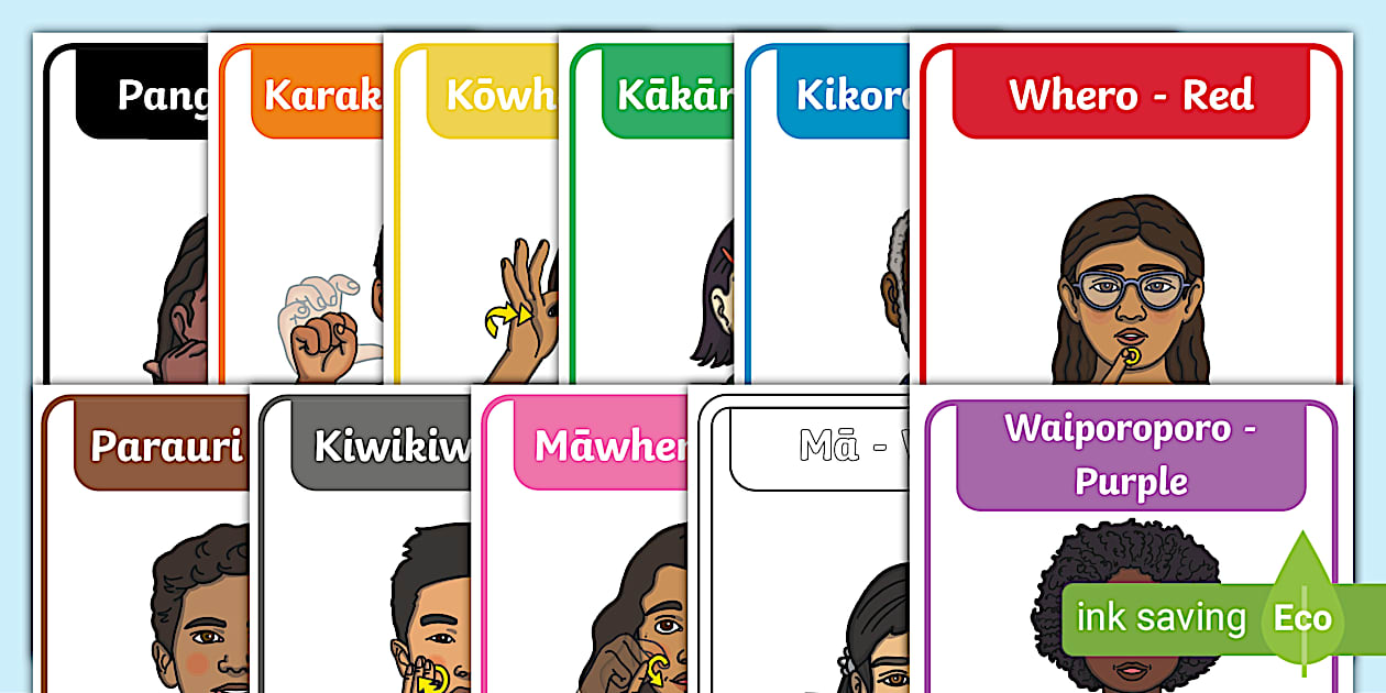 Colours in Sign Language with English and Te Reo Māori.