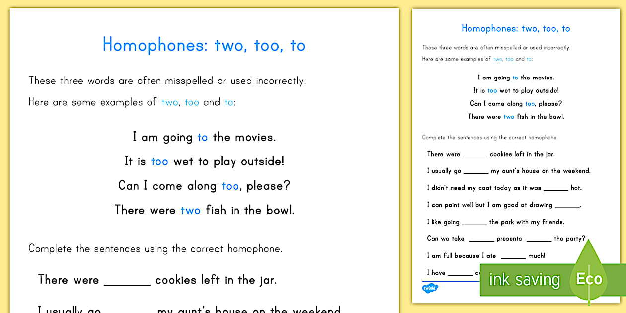 Editable Homophones To, Too, and Two Worksheet - Twinkl