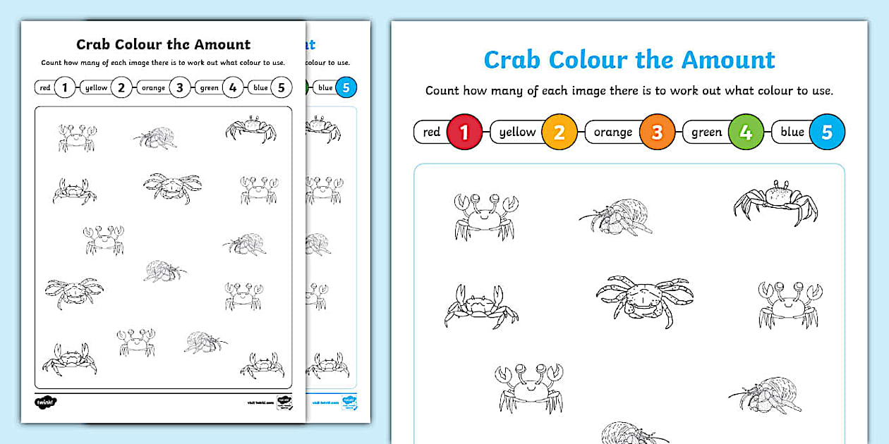 👉 Crab Colour the Amount Worksheet (teacher made)