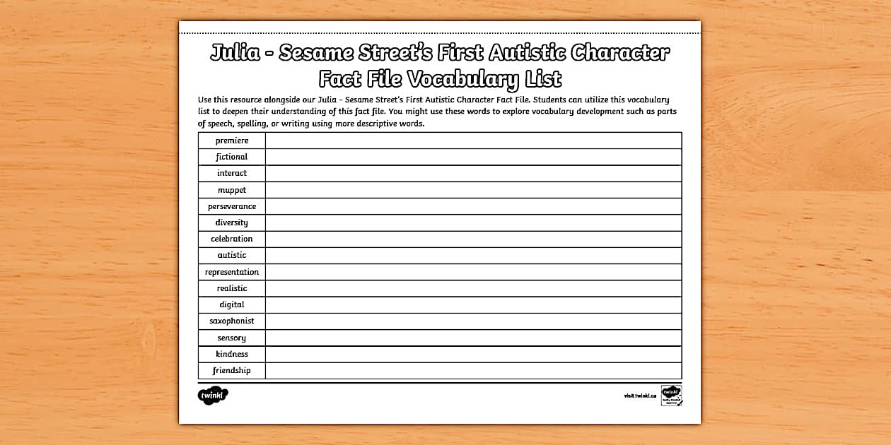 Julia - Sesame Street's First Autistic Character Fact File Vocabulary List