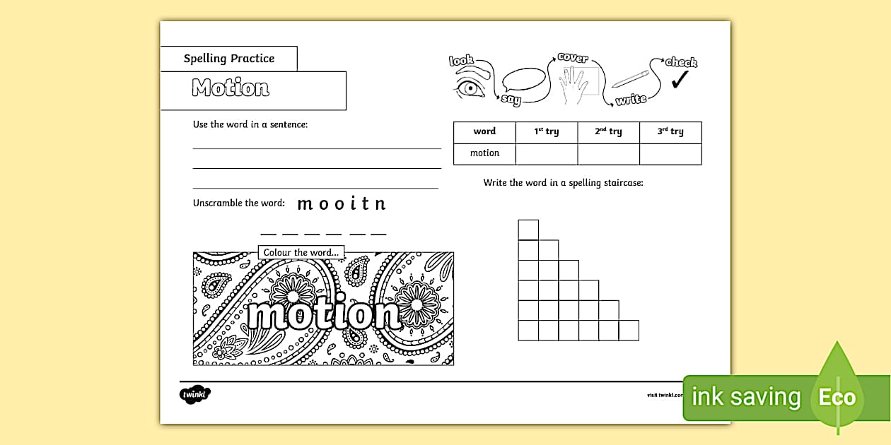 Motion Spelling Practice Worksheet (Teacher-Made) - Twinkl