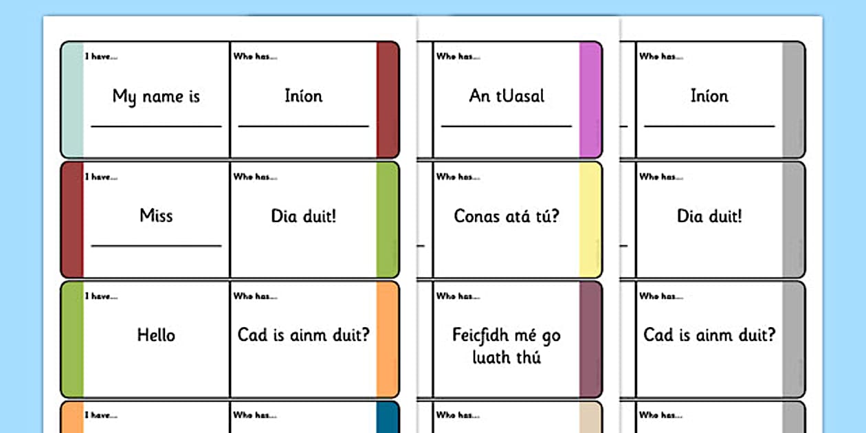 Black and White Meet and Greet Loop Card Game Gaeilge