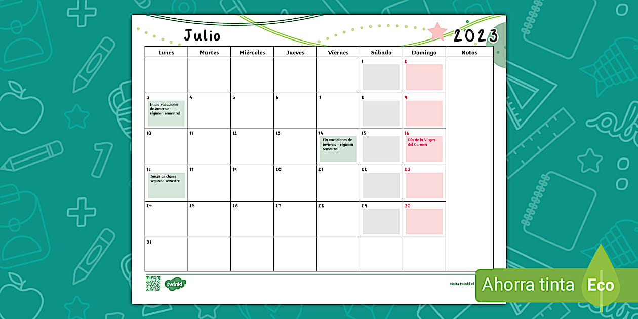 Calendario: Julio 2023 (creat de profesori) - Twinkl
