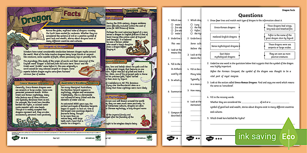 UKS2 Dragon Facts Reading Comprehension Activity | Twinkl