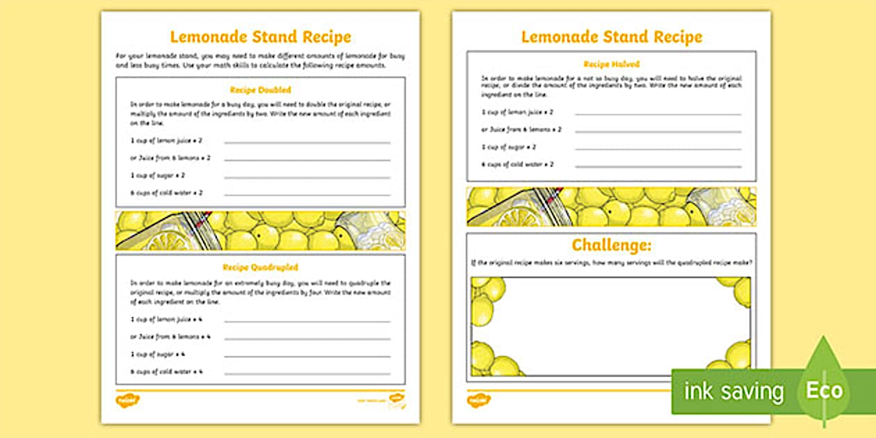 Lemonade Stand Math Problems | Recipe Worksheet - Twinkl