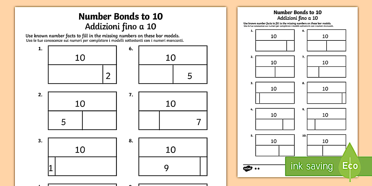 Higher Ability Bar Modelling Number Bonds to 10 Differentiated Worksheet