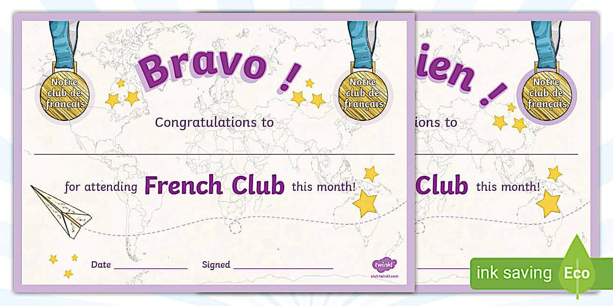 Editable French Club Certificates (teacher made) - Twinkl