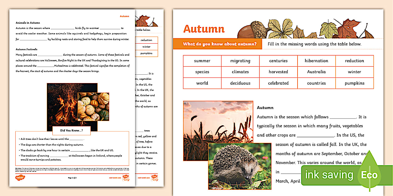 Autumn Cloze Worksheet - Twinkl