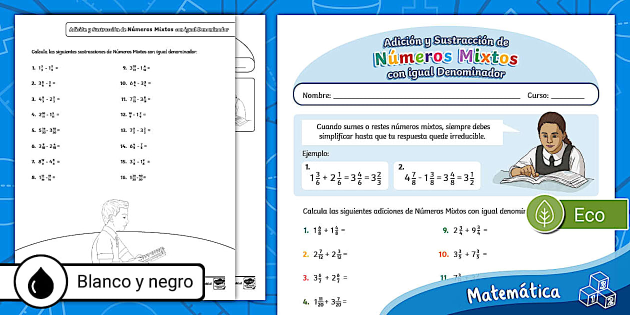 guía número mixto fracciones impropias suma resta adición