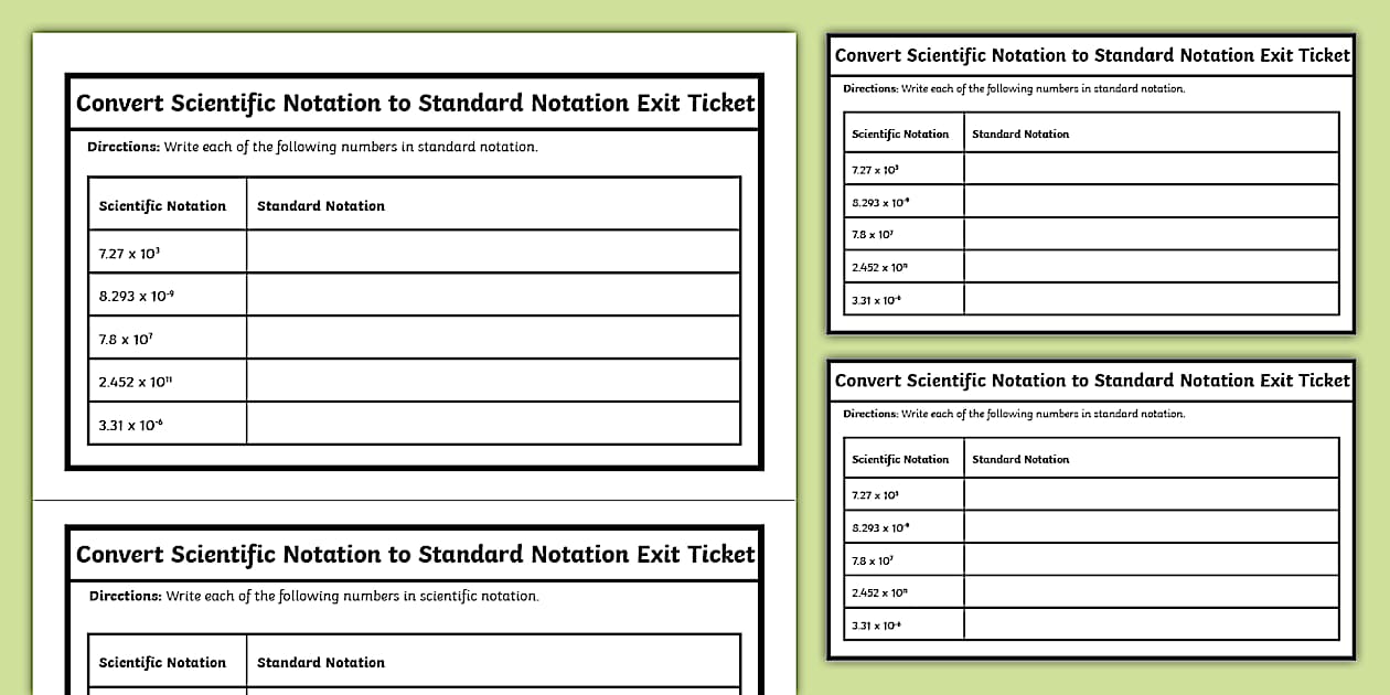Eighth Grade Convert Scientific Notation to Standard Notation Exit Ticket