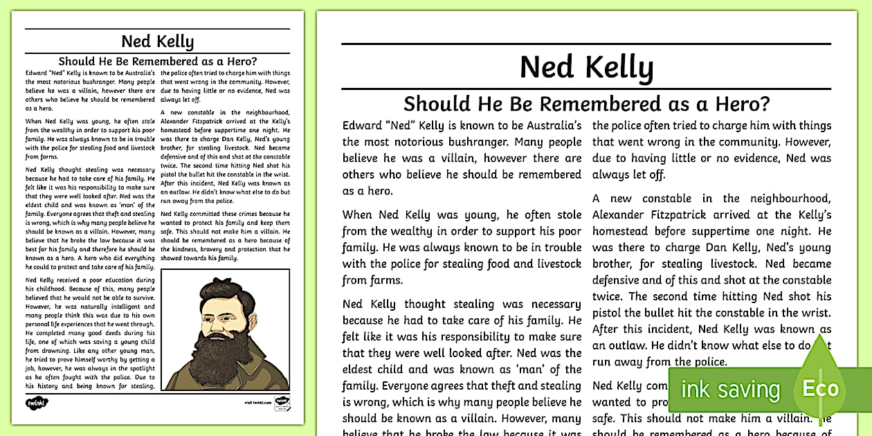 Editable Ned Kelly: Hero or Villain? Exposition Writing Sample