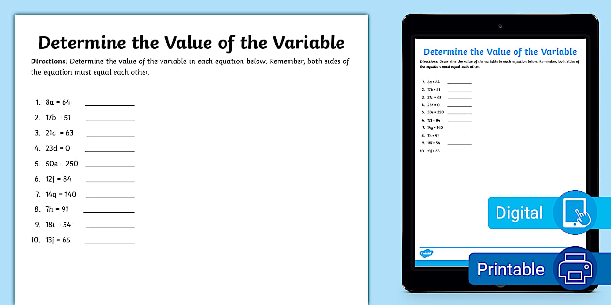 Third Grade Determine the Value of the Variable Multiplication Worksheet