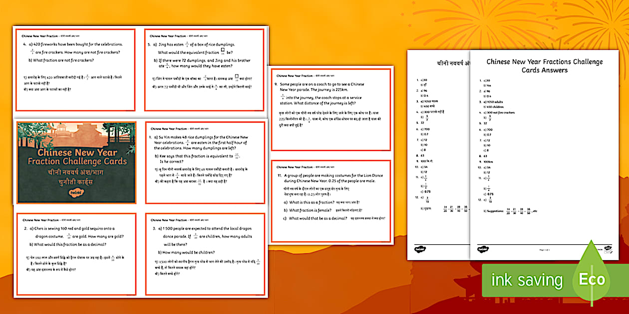 Chinese New Year Fraction Maths Challenge Cards English/Hindi