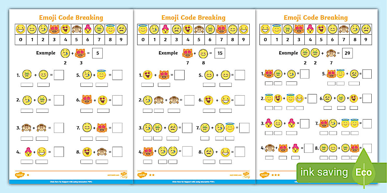 😊 Emoji Addition Crack the Secret Code Maths Worksheets