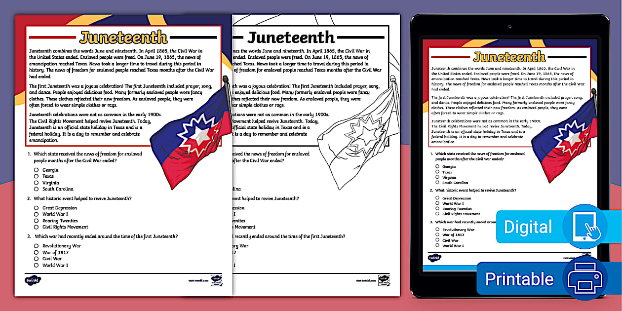 Fourth Grade Juneteenth Reading Passage Comprehension