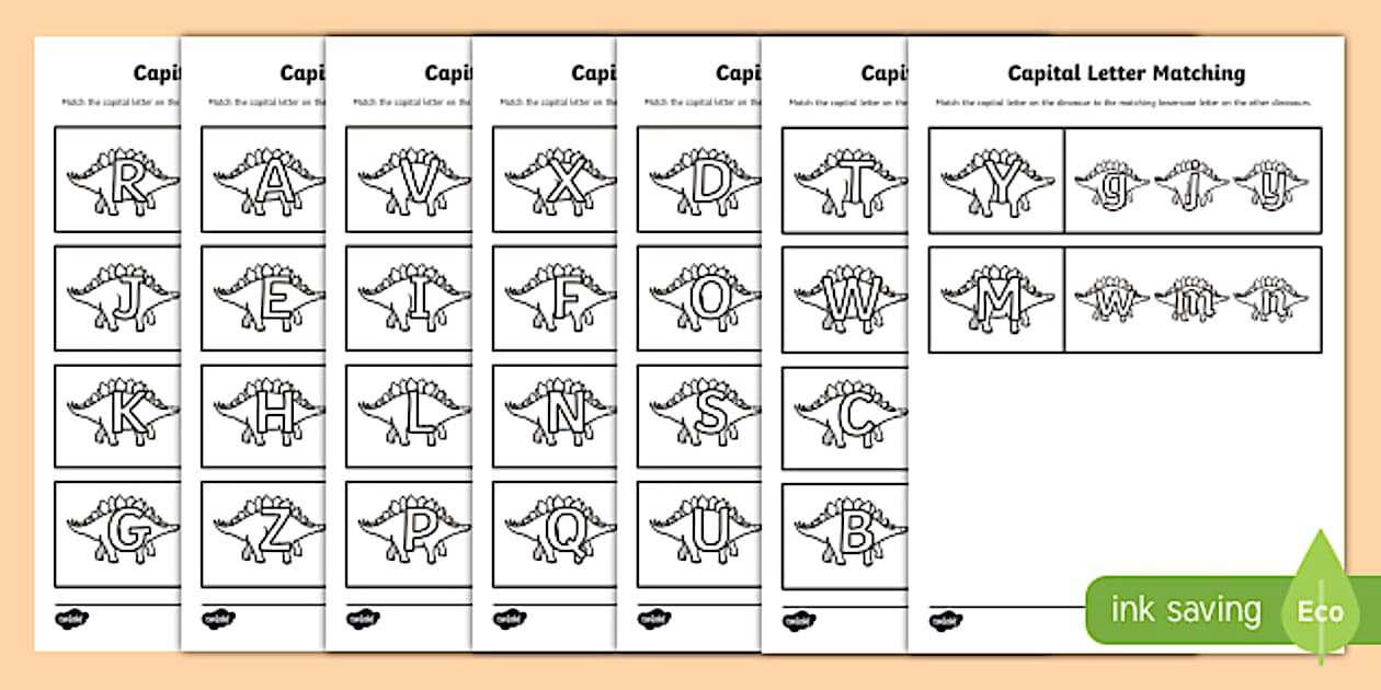 Dinosaur Themed Capital Letter Matching Worksheet - uppercase