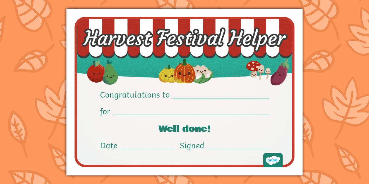 Autumn Market Themed Harvest Festival Helper Certificate