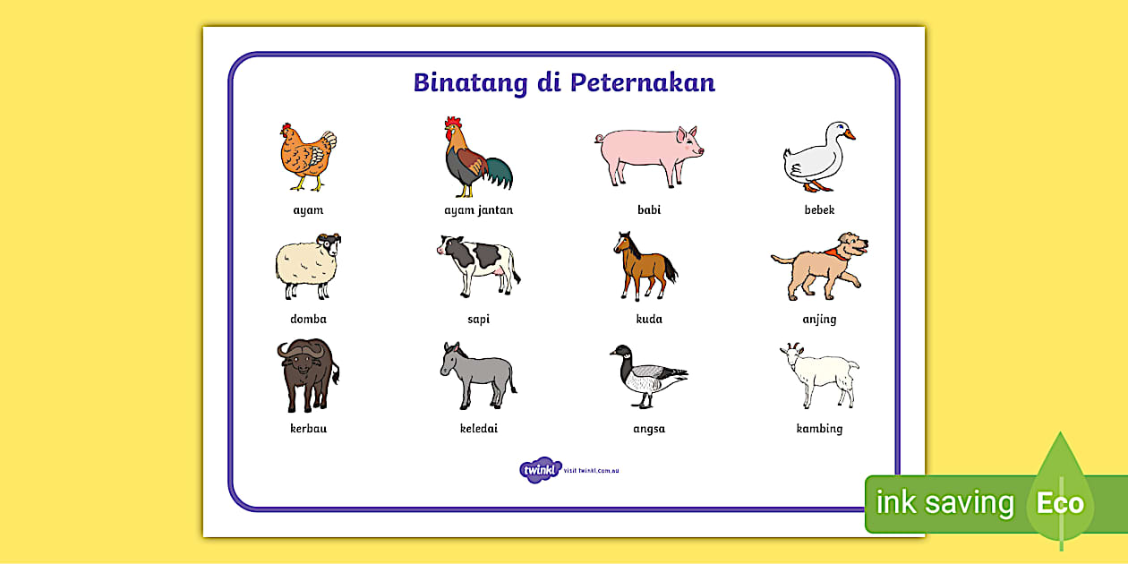 Farm Animals Word Mat Indonesian Binatang - Twinkl