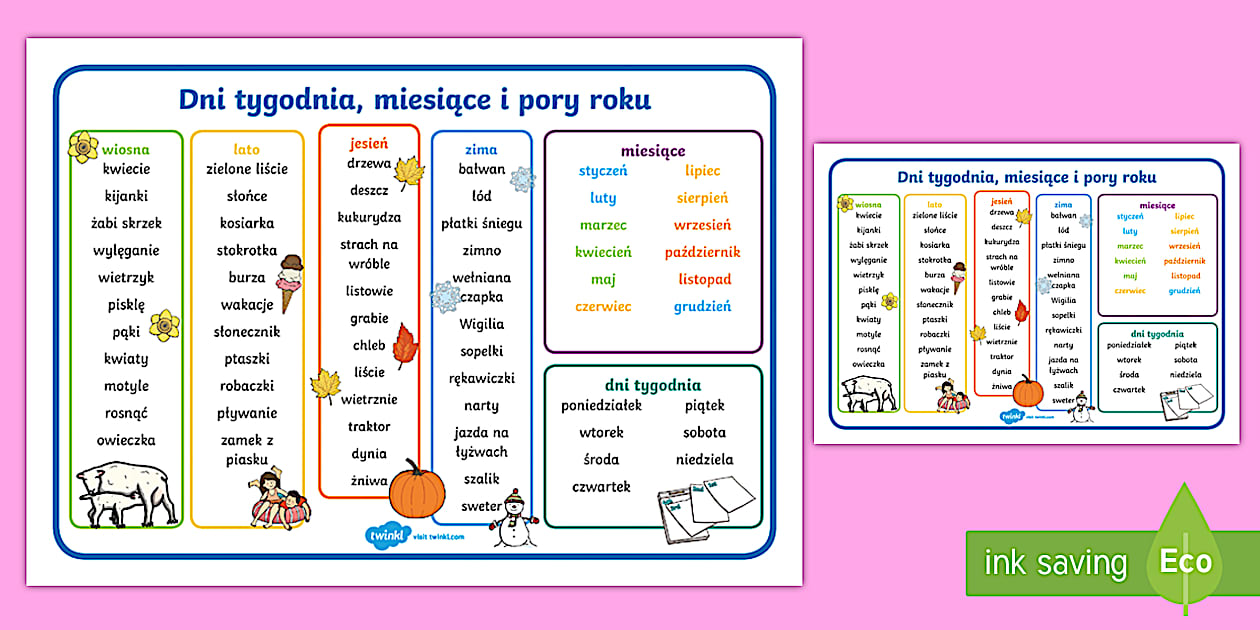 Plansza ze słownictwem - Dni, miesiące i pory roku