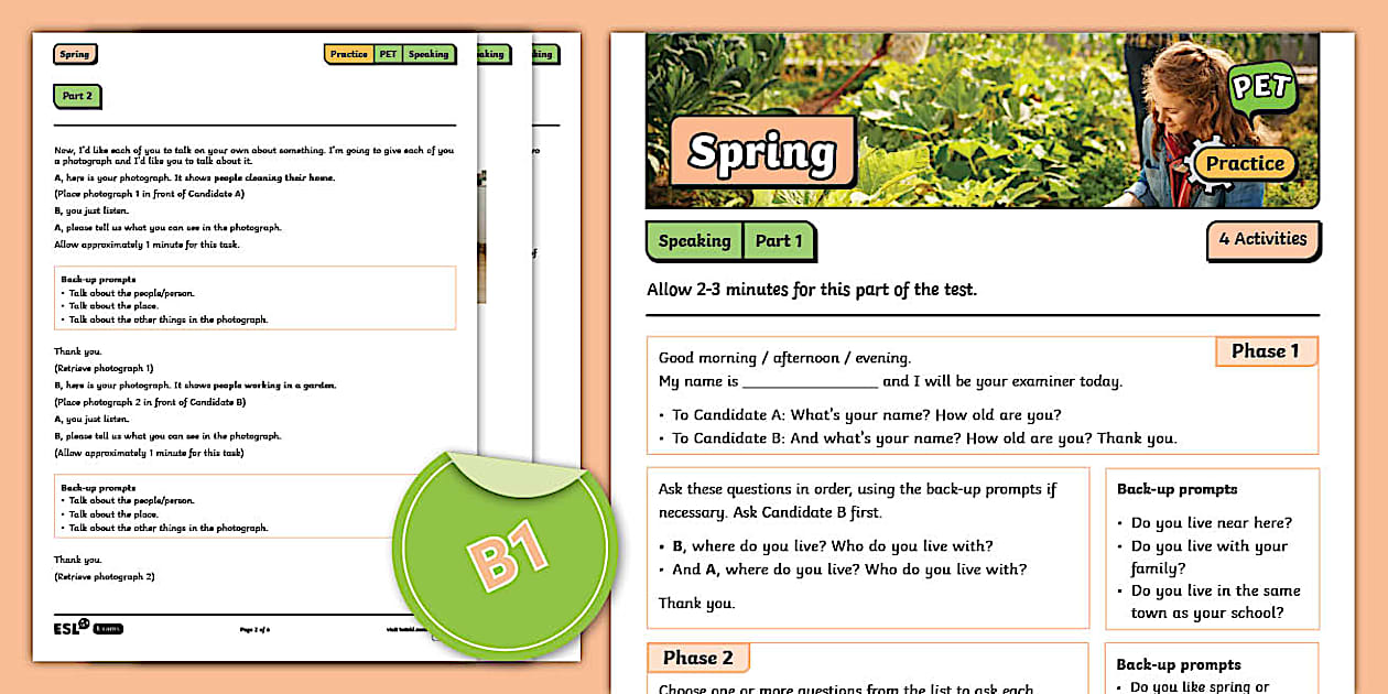B1 Preliminary (PET) Speaking Pack Practice Sheet (Spring)