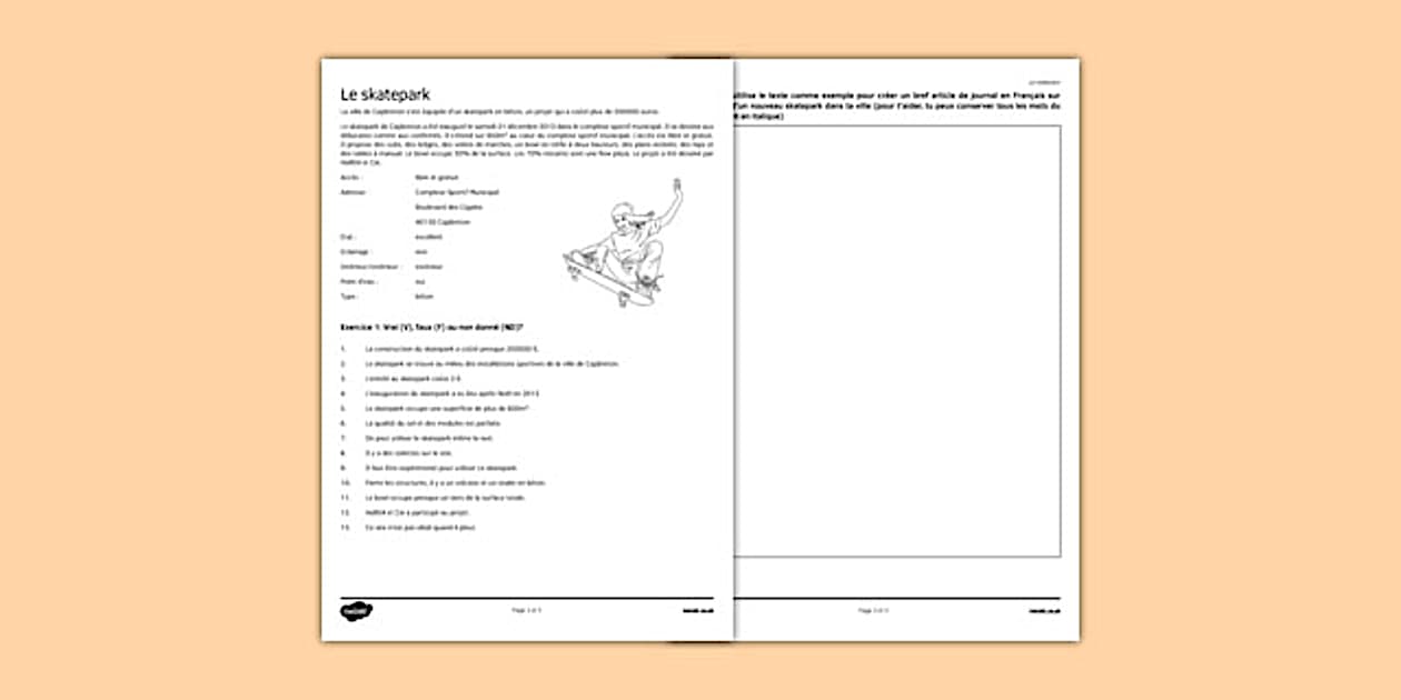 Le skatepark Fiche de lecture (l'enseignant a fait) - Twinkl