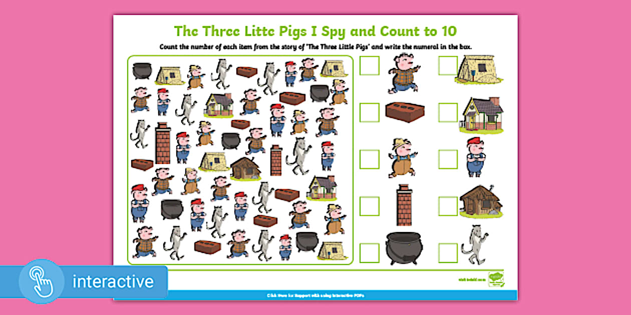 👉 Interactive PDF: The Three Little Pigs I Spy and Count Activity to 10