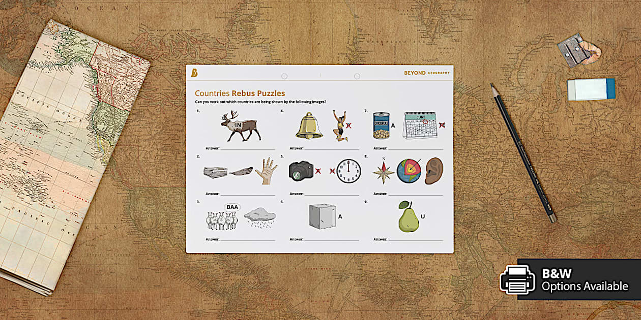 Countries Rebus Puzzles Worksheet (teacher made) - Twinkl