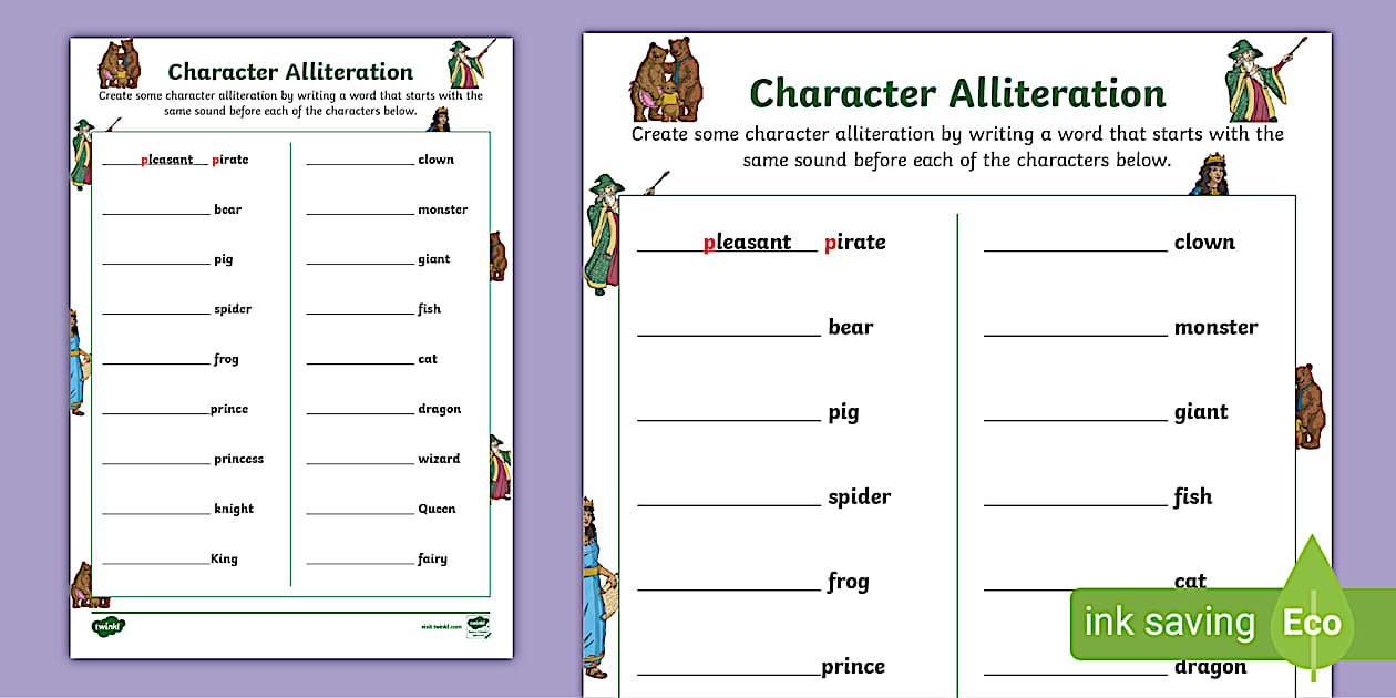 Naming a Character: Alliteration Worksheet (teacher made)