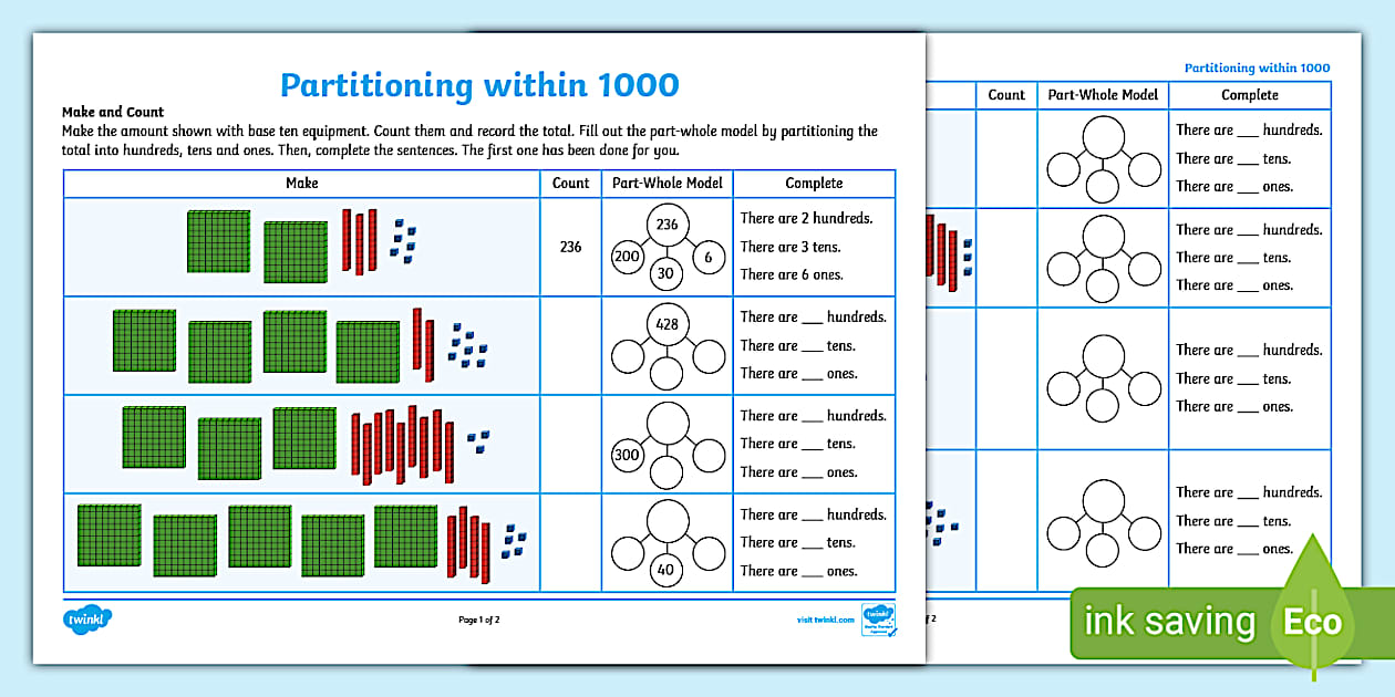 👉 Partitioning within 1000 Activity Sheet - Maths - Twinkl