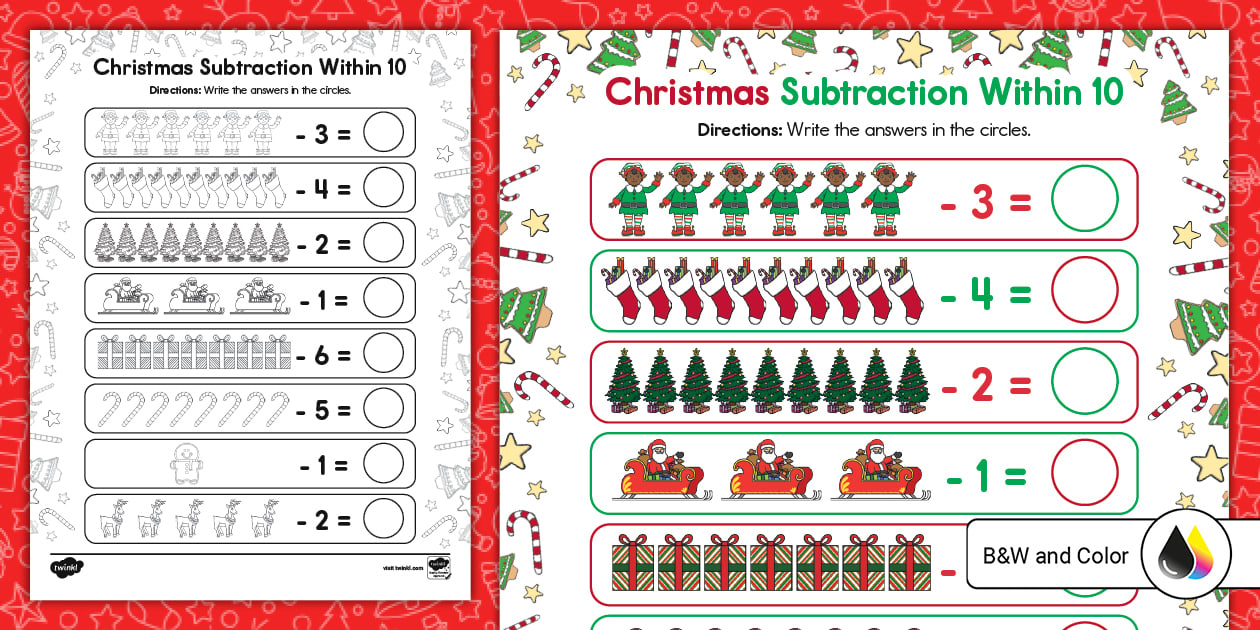 Kindergarten Christmas Subtraction Within 10 Worksheet