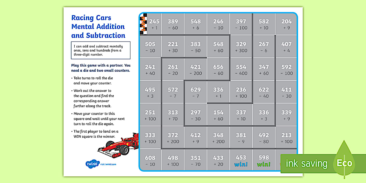 Racing Cars Mental Addition and Subtraction Game - Twinkl