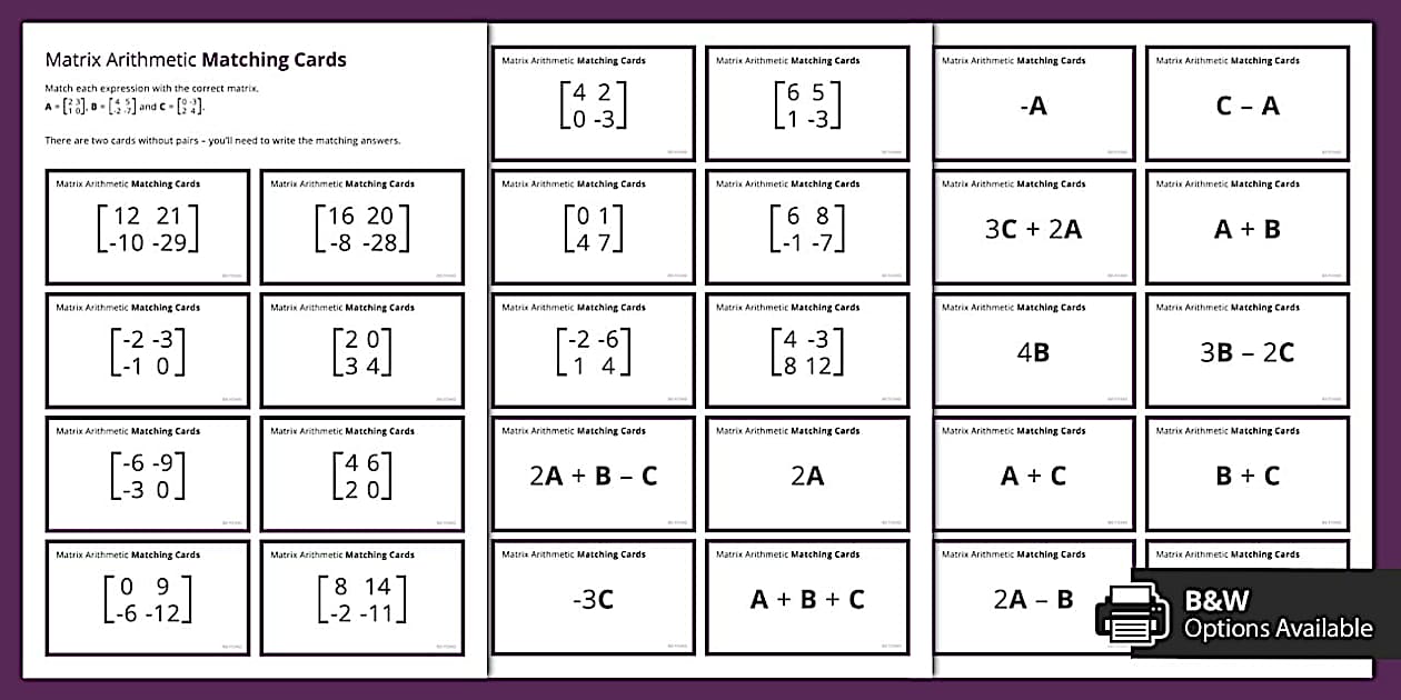 👉 Adding And Subtracting Matrices Activity - Matching Cards