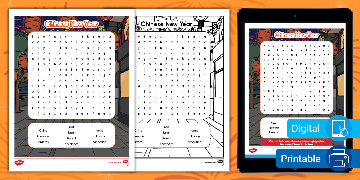 Chinese New Year Word Search for K-2nd Grade