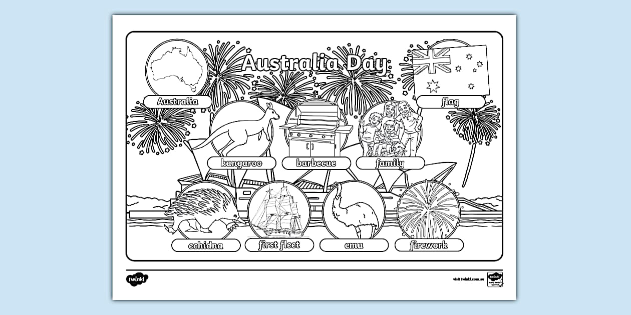 Australia Day Words Colouring Sheet (teacher made) - Twinkl