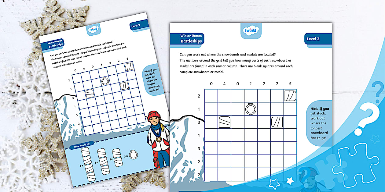 Winter Games Battleships - Level 2 - Kids Puzzles - Twinkl
