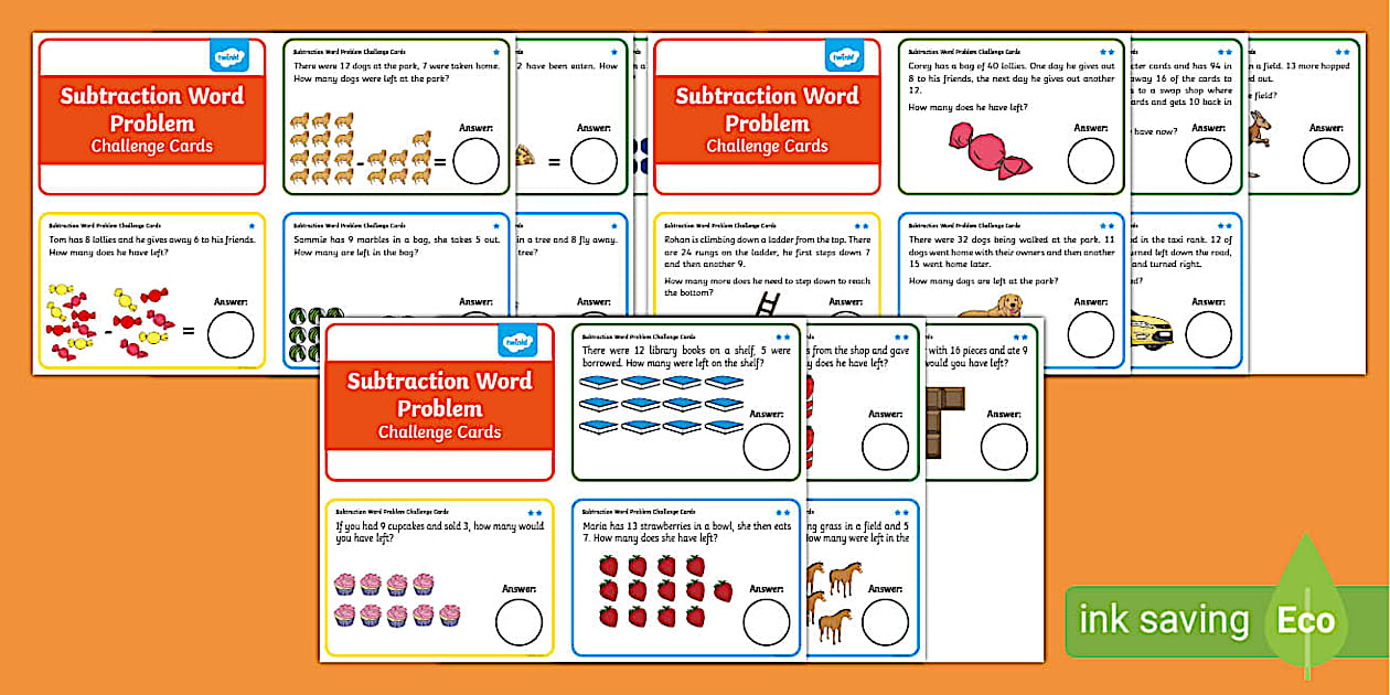Subtraction Word Problem Challenge Cards (teacher made)