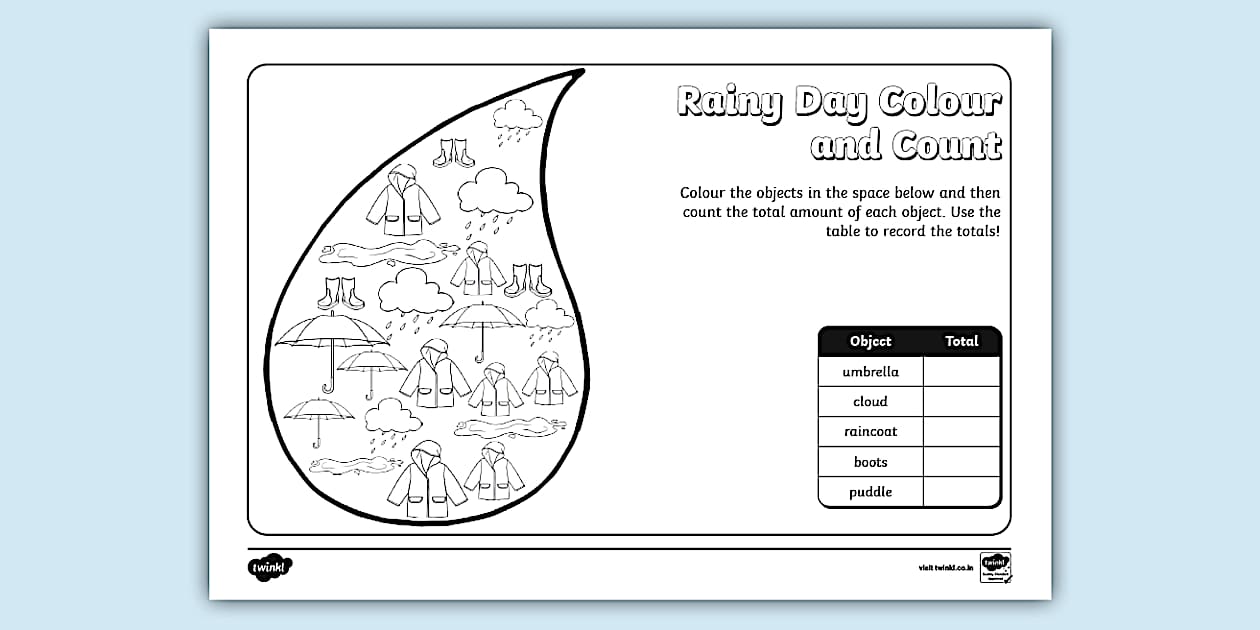 Rainy Day Colour and Count Worksheet (teacher made) - Twinkl