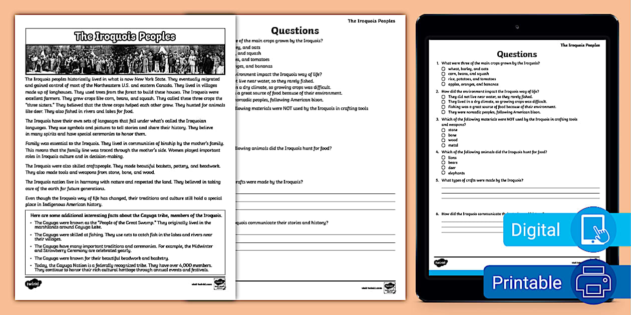Fourth Grade Iroquois Peoples Reading Comprehension Activity Worksheet