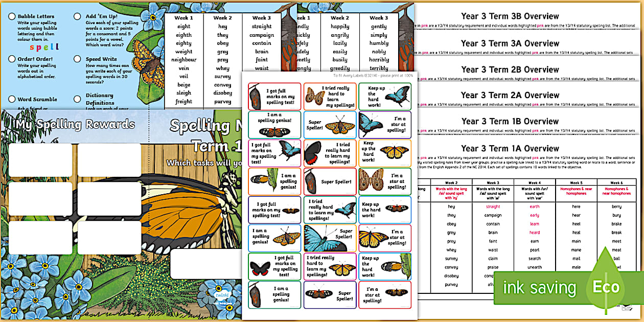 Editable Year 3 Butterfly Themed Spelling Menu Pack - Twinkl
