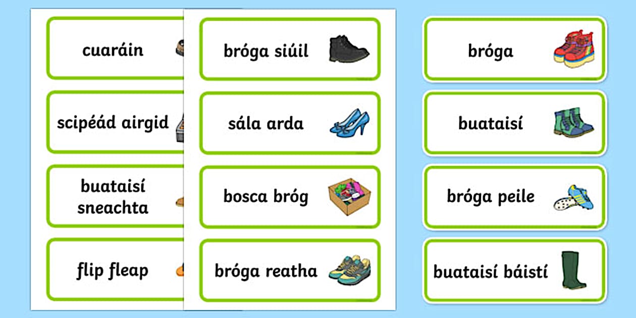 Dyslexic Shoe Shop Role Play Word Cards Gaeilge - Twinkl