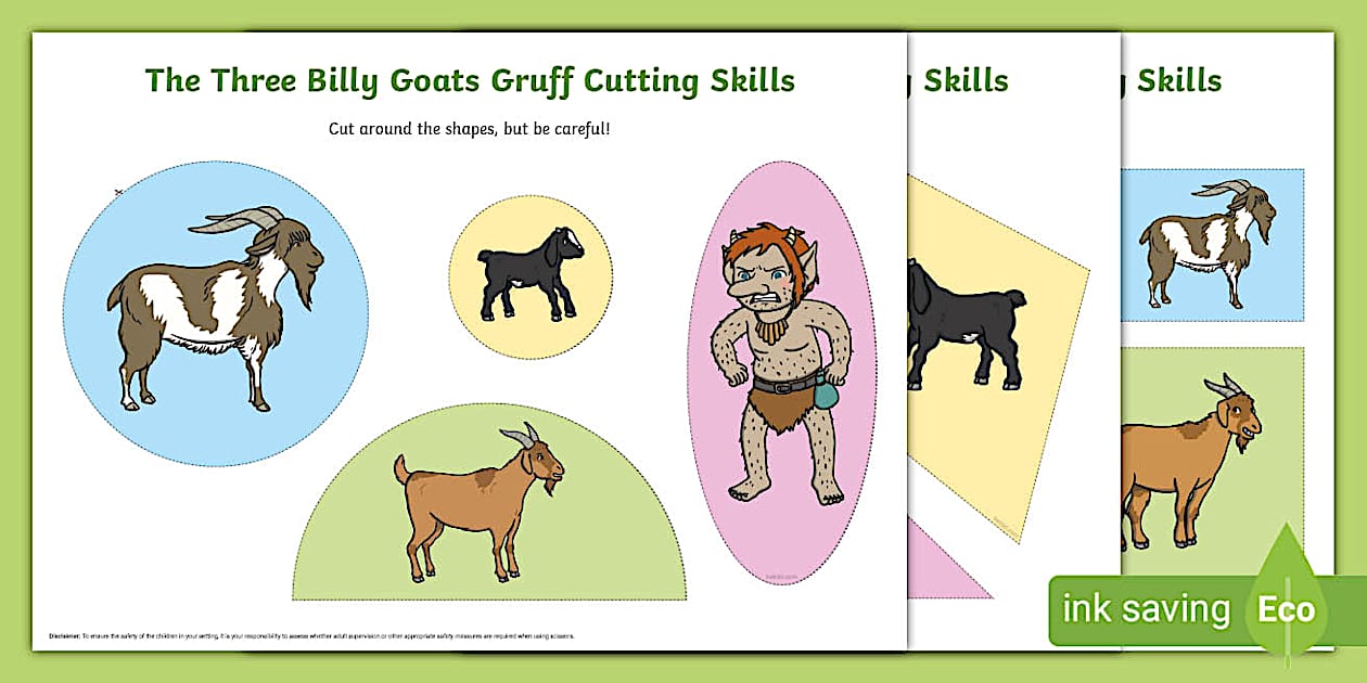 Black and White The Billy Goats Gruff Themed Cutting Skills Worksheet